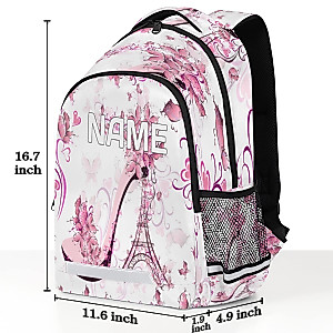 OMFUNS Eiffel Tower Floral Custom Name School Backpack for Boy Girl Teen Paris High Heels Personalized Student Bookbag for Primary Junior College Customized Laptop Backpack for Men Women