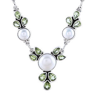 NOVICA Artisan Handmade Cultured Pearl Peridot Pendant Necklace Sterling Silver Link India Gemstone Birthstone [necklace 18.75 in L x 0.5 in W Pendant(s) 1.2 in L x 1 in W x 0.3 in D] ' Full Moon