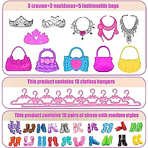 48 pcs Doll Clothes and Accessories, 2 Long Princess Dress, 2 Long Party Dresses, 2 Short Dresses, 2 Tops, 2 Pants, 5 Slip Skirts, 2 Bikinis and 31pcs Doll Accessories for 11.5 inch Dolls (No Doll)