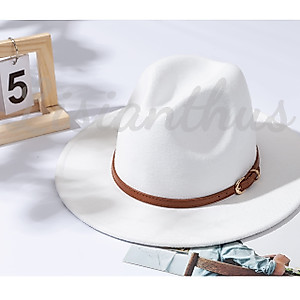 Lisianthus Women White Fedora Wide Brim Panama Hats with Color Belt Buckle (A Brown)