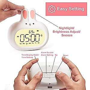 Rabbit Digital Alarm Clock with Day of Week Display, Cute Design Bunny Look, Easy Setting, Snooze, Night Light, Thermometer, Rechargeable, Kawaii Decor for Bedroom, Bedside, Adult, Kid, Gift, White