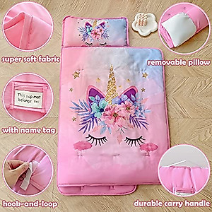 KINBEDY Pink Unicorn Toddler Nap Mat for Daycare Preschool Girls Floral Kids Sleeping Mat Pad Toddler Bedding Set Portable Baby Sleeping Bag with Pillow and Blanket for Travel Camping Outdoor