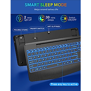 Wireless Keyboard with 7 Colored Backlits, Wrist Rest, Phone Holder, Rechargeable Ergonomic Computer Keyboard with Silent Keys, Full Size Lighted Keyboard for Windows, Mac, PC, Laptop (Black)