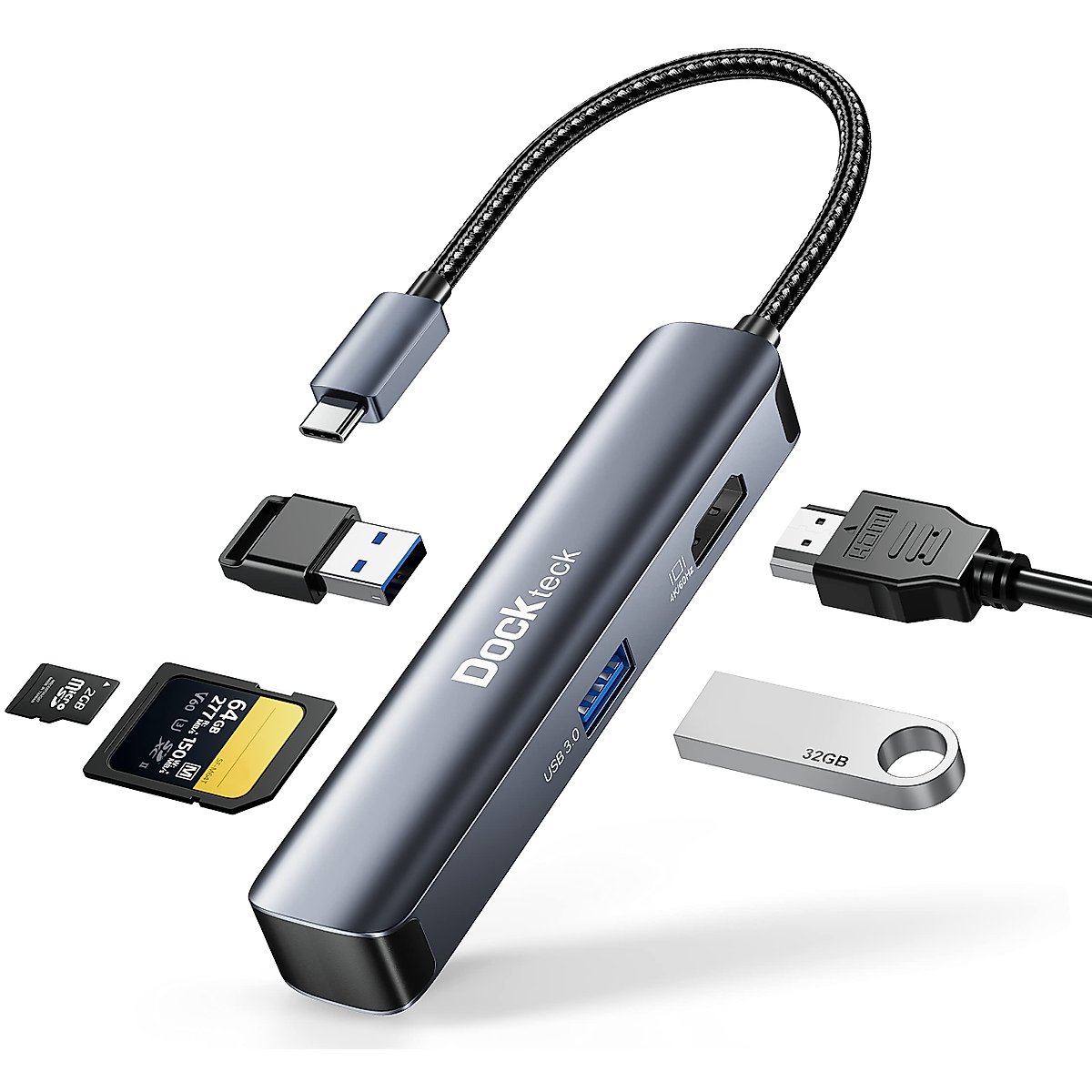 USB C Hub 4K 60Hz, USB C Adapter, Dockteck 5-in-1 USB-C Hub Multiport Adapter, SD/Micro SD Card Reader, 2 USB 3.0, for MacBook Air/Pro, iPad Air/Pro, XPS