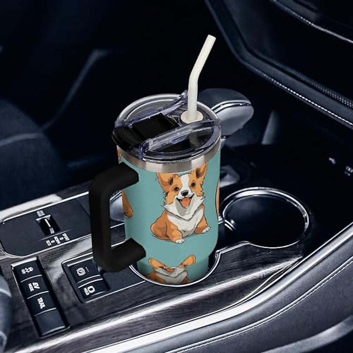 LPSADGF Corgi Cute Dog Insulated Stainless Steel Travel Mug, 40 Oz Tumbler with Handle And Straw Double-Wall Vacuum Coffee Cup, Leak-Proof Lid, Keeps Drinks Hot/Cold for Hours