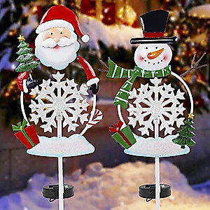 FORUP Solar Christmas Yard Decorations, Outdoor LED Solar Powered Snowflake Xmas Pathway Lights, Metal Garden Stake Lights, Snowman Santa Christmas Lawn Yard Ornament, Set of 2