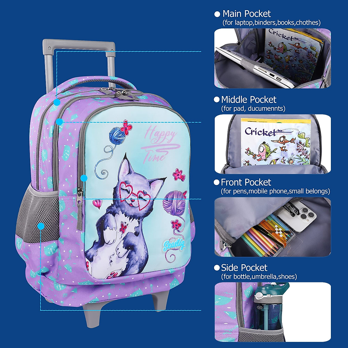 seastig Rolling Backpack for Kids Wheeled Backpack Double Handle Wheeled Backpack with Lunch Bag and Pencil Case Set