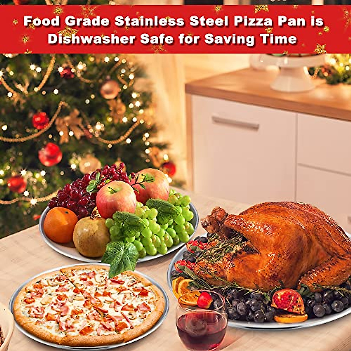 LIANYU Nonstick Pizza Pan Set of 4, 10.2 Inch Stainless Steel Pizza Serving Tray for Oven, Baking Round Pizza Pan Plate, Dishwasher Safe