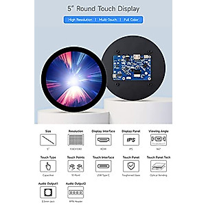 waveshare 5inch HDMI Round Touch Display, 1080 × 1080 Resolution, IPS, 10-Point Touch, Compatible with Raspberry Pi Series Board