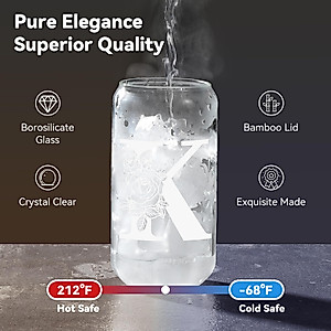 Monogrammed Gifts for Women, Personalized Gifts for Her Mom, Glass Cup with Bamboo Lids and Straws 16 oz, Iced Coffee Cup, Tea Cup, Cute Aesthetics custom Tumbler Cup, Mothers Day, Birthday Gifts - K