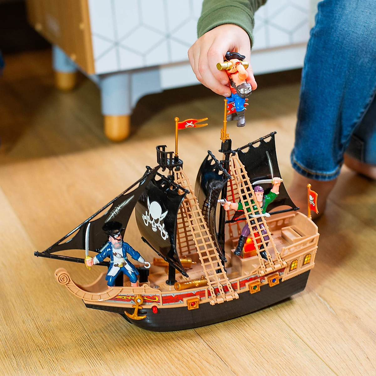 Kidplokio Toy Pirate Ship Boat Adventure Playset with Lights Sounds Action Figures, Black, Boys, Ages 3+