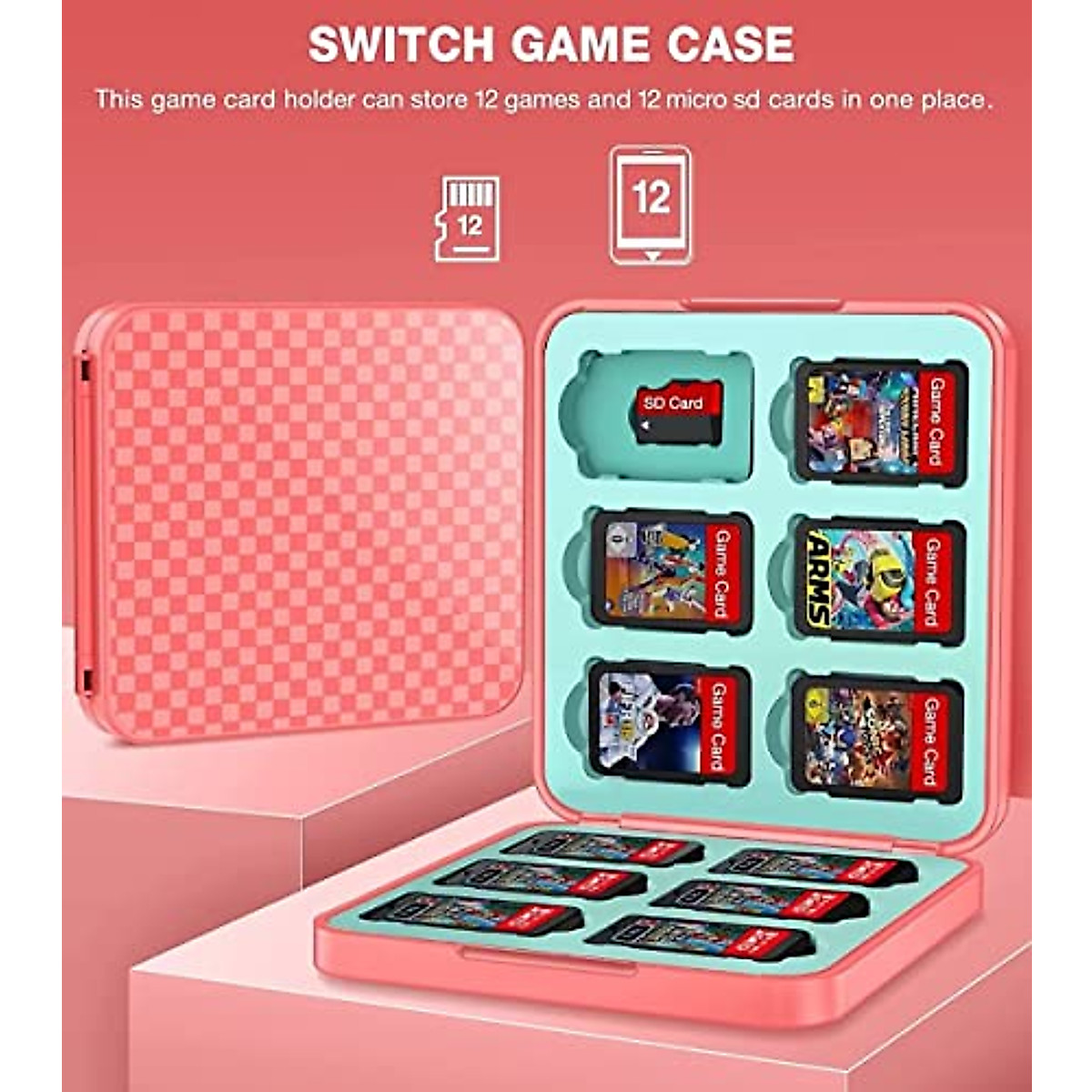 EUROA Nintendo Switch Game Holder - 12 Cartridge Storage Case, Protective Hard Shell, Soft Lining Rubber, Portable - Pink