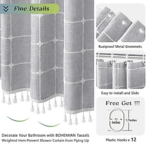 Boho Long Shower Curtain, 72x78 Inches Long Linen Thick Fabric Shower Curtain with Tassels,Tall Modern Farmhouse Neutral Textured Cloth Shower Curtains for Bathroom, Water Repellent, 72x78, Gray/Grey