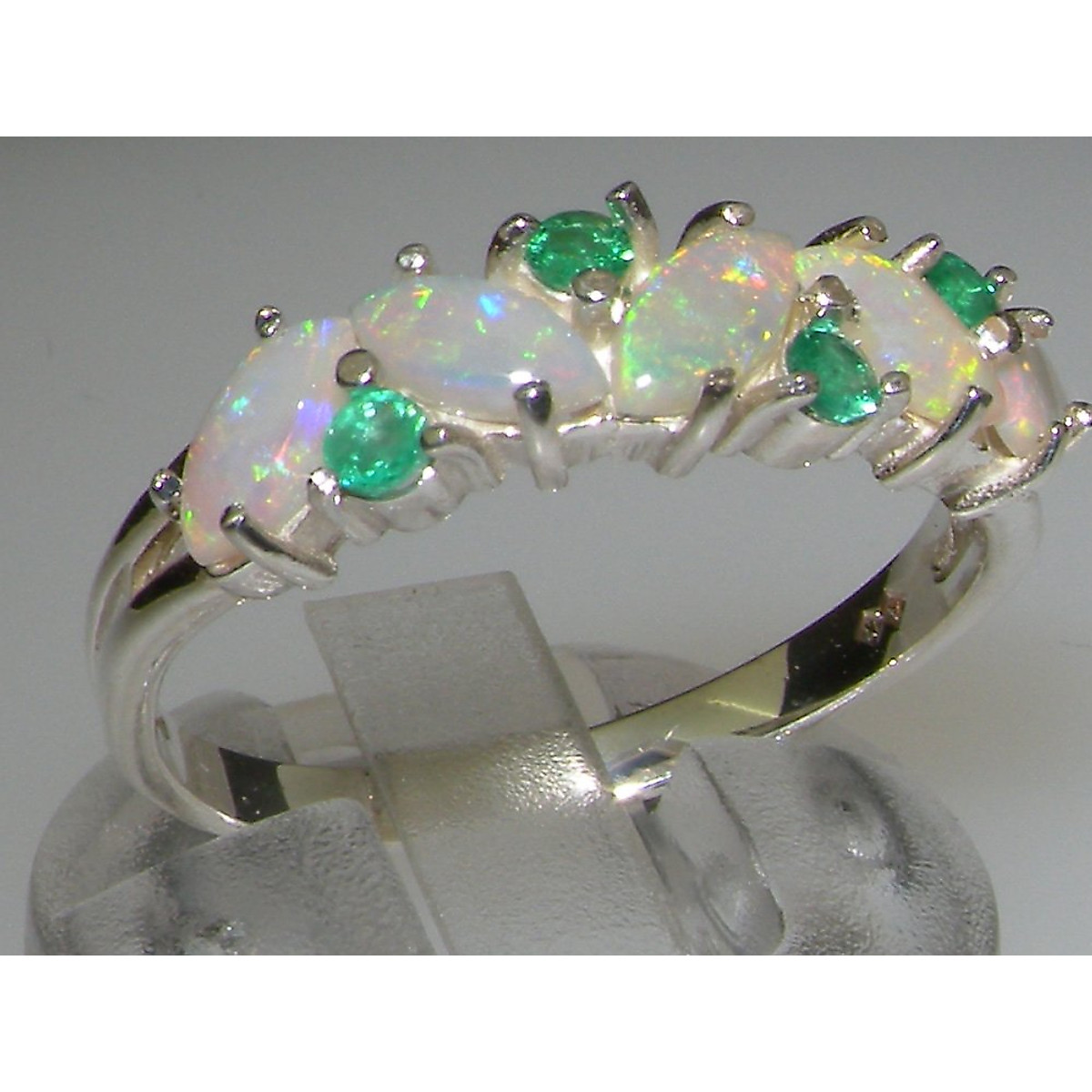 LetsBuyGold 925 Sterling Silver Natural Opal and Emerald Womens Eternity Ring - Size 11.75