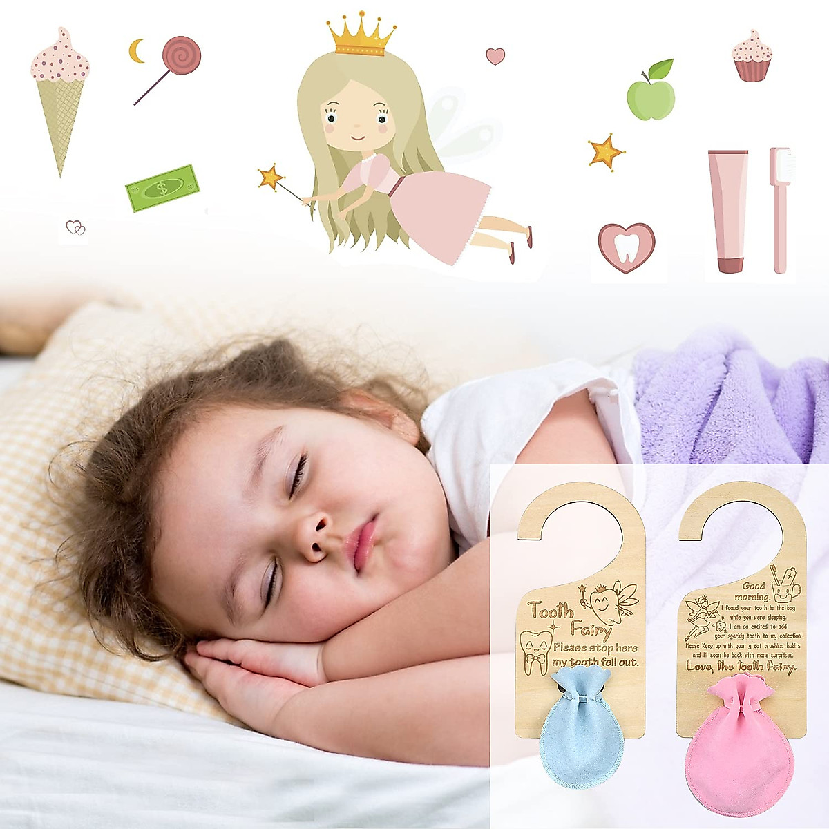 MoonBrush Tooth Fairy Door Hanger Set, with Tooth Bags Encourage Gift for Lost Teeth Kids, 4 Piece Set