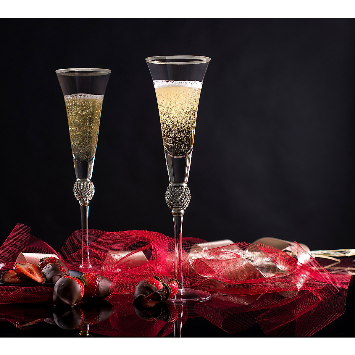 Trinkware Set of 2 Champagne Flutes - Rhinestone "DIAMOND" Studded Glasses With Silver Rim - Long Stem, 7oz, 11-inches Tall - Elegant Glassware And Stemware