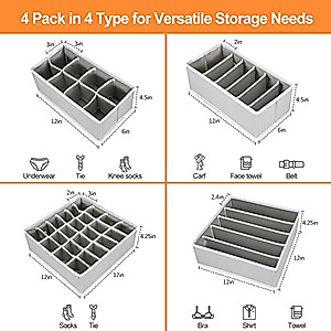 GOGOODA 4 Pcs Underwear Drawer Organizers Divider, Socks Bra Organizer and Storage Boxes for Lingerie, Bra, Undies