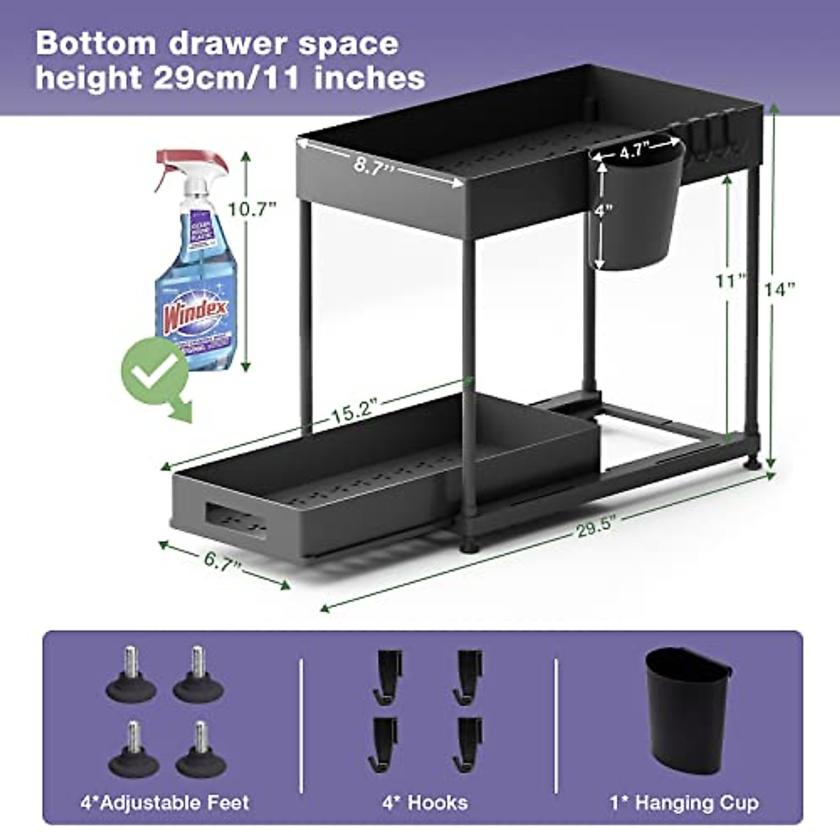 NYYTGE Under Sink Organizer Under Bathroom Cabinet Storage 2 Tier Storage Rack with 4 Hooks, Under Cabinet Organizer Baskets, Multi-purpose Under Sink Shelf Organizer for Bathroom Kitchen