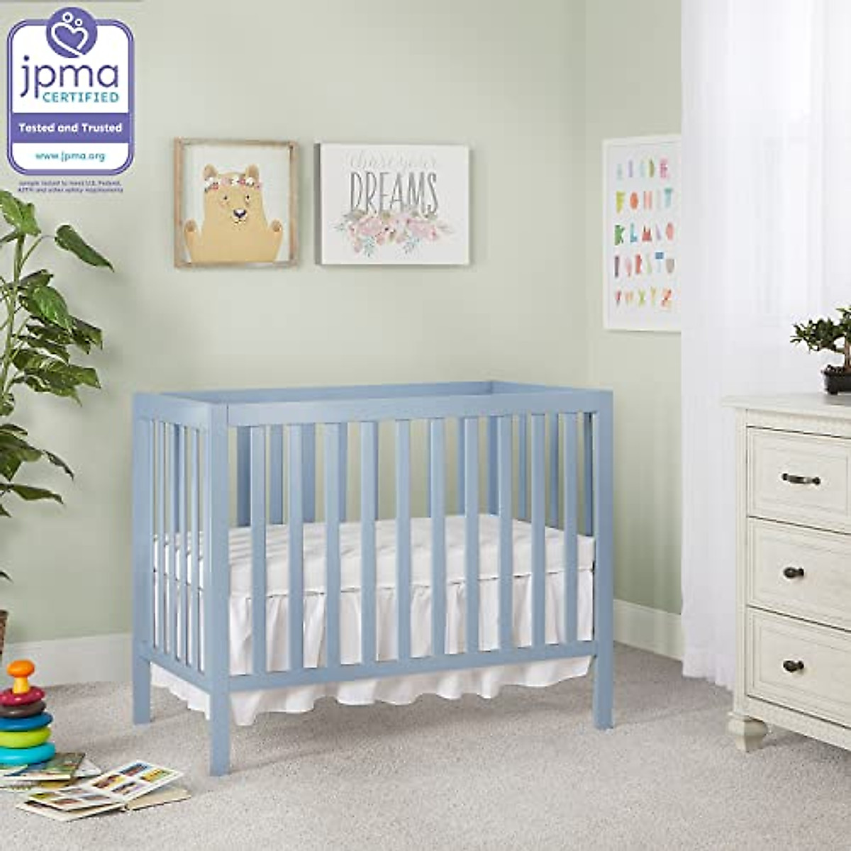 Dream On Me, Edgewood 4-in-1 Convertible Mini Crib, Dusty Blue