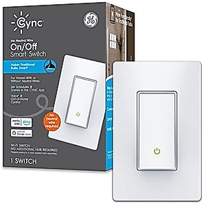 GE CYNC Smart Light Switch On/Off Paddle Style, No Neutral Wire Required, Bluetooth and 2.4 GHz Wi-Fi 3-Wire Switch, Works with Alexa and Google Home