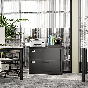 RAVIGIN 2 Drawer File Cabinet with Lock,Lateral Metal Black Filing Cabinets for Home Office 36" Wide Hanging Letter/Legal/F4/A4 Size (Require Assembly)