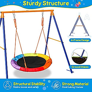 GIKPAL Saucer Swing with Stand for Kids Outdoor, 440lbs Swing Set with Heavy-Duty Metal Frame and Adjustable Ropes, Safe Waterproof Round Swing for Backyard Playground Park, Rainbow Color