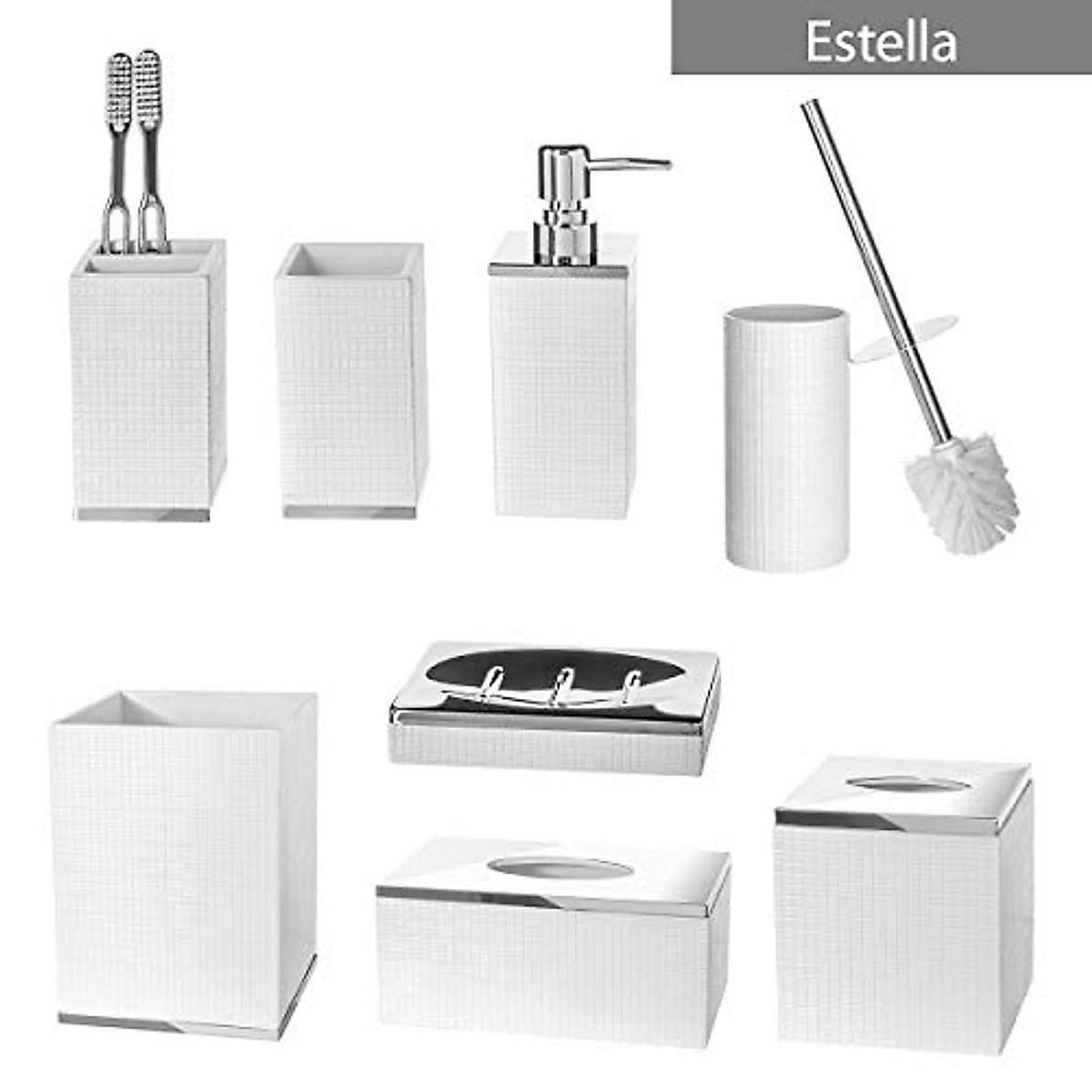Creative Scents White Bathroom Accessories Set - 4 Piece Bathroom Set with Silver Base - Decorative Bathroom Accessory Set Includes: Soap Dispenser, Toothbrush Holder, Soap Dish and Tumbler (Estella)