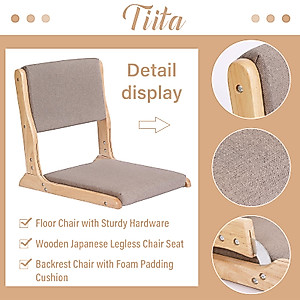 Tatami Chair Accent Furniture, Foldable Meditation Floor Chair, Folding Floor Chairs Seat, Portable Japanese Legless Chair, Back Rest Chair with Cushion, Wood Grey