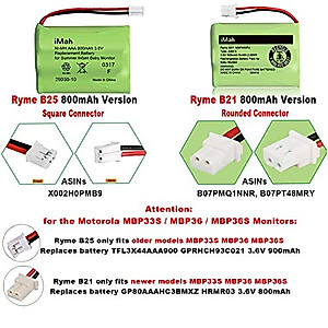 iMah Ryme B25 29030-10 Battery for Summer Infant Baby Monitor Battery Rreplacement | 3.6V 800mAh Ni-MH with Square-Hole Connector