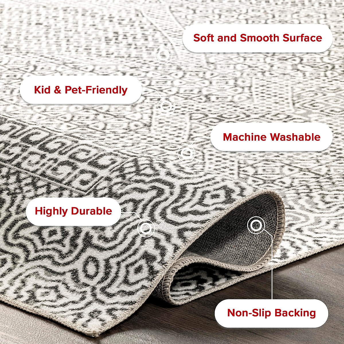 nuLOOM 6' x 9' SpinClean Machine Washable Stain-Resistant Area Rug with Non Slip Backing, Low Profile for Living Room, Bedroom, and Dining Room, Hart Grey