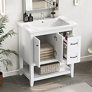 30 Inch Bathroom Vanity Cabinet with Ceramic Sink, Two-in-one Functional Drawer, Sold Wood Legs, White