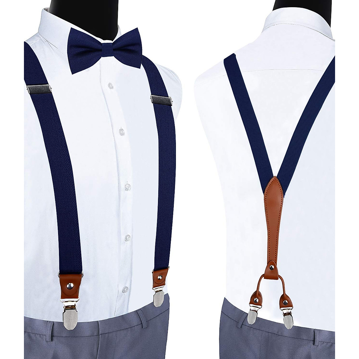 Elastic Adjustable Navy Blue Suspenders and Bow Tie Set for Men Wedding (0103-02)