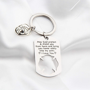FUSTMW Firefighter Gift Keychain Necklace Matching Set Fireman Jewelry Gift for Firefighter Wife, Girlfriend, Mom, Daughter May God Protect You from Harm (silver)