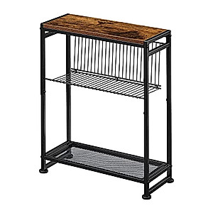 Small Side Table for Small Spaces - Slim End Table with Magazine Holder - 2 in 1 Design Narrow End Table Living Room - Skinny Bedside Table Nightstand Bedroom Thin Side Table, Rustic Brown