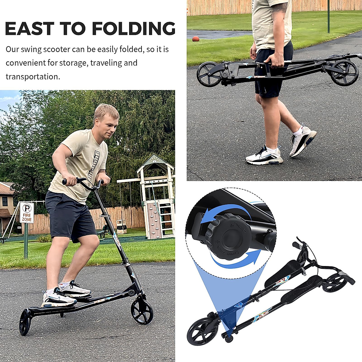 AODI 3 Wheel Foldable Scooter Swing Scooter Tri Slider Kick Wiggle Scooters Push Drifting with Adjustable Handle for Boys/Girl/Adult Age 8 Years Old and Up