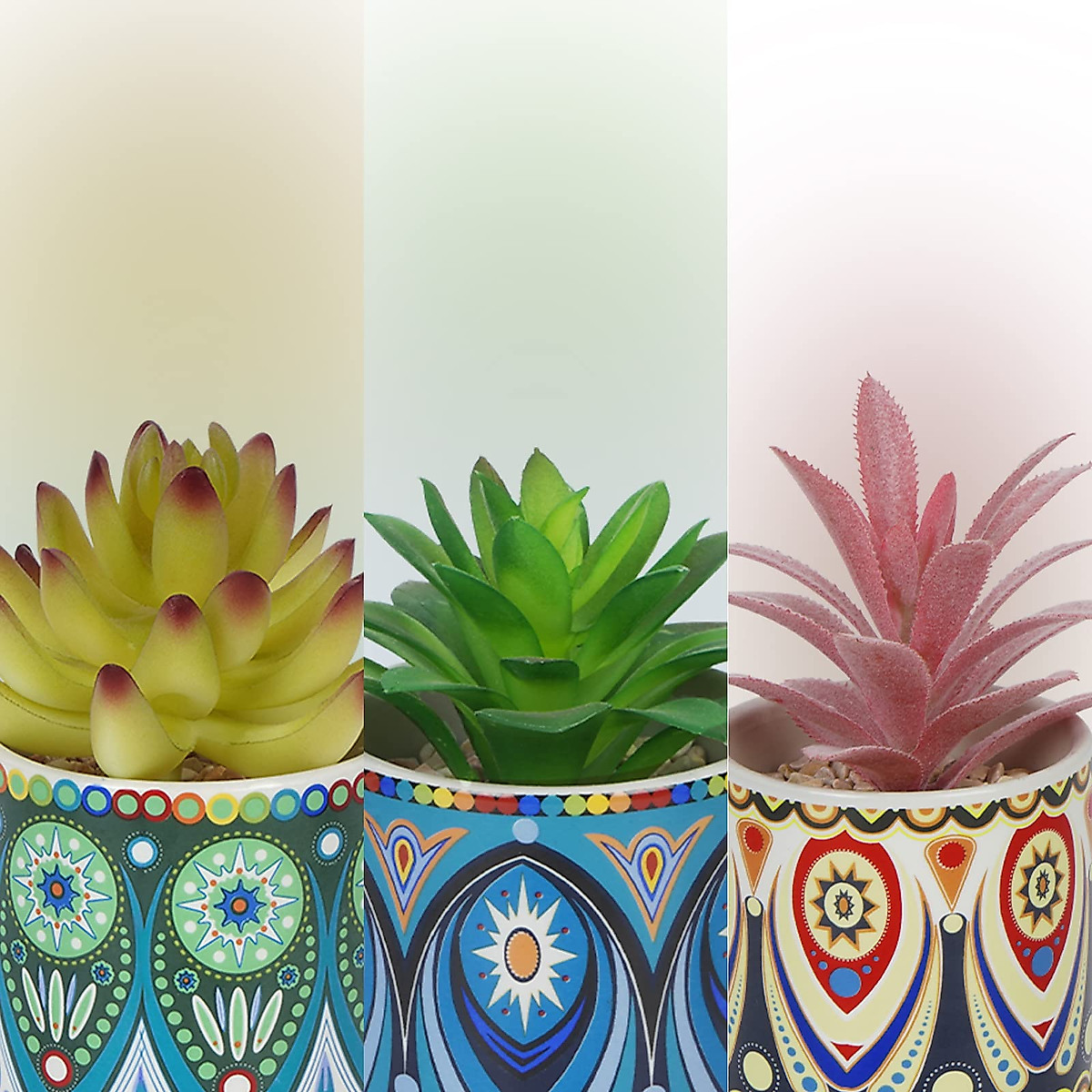 Hamore 5" Artificial Succulents in Bohemian Ceramic Pots, Set of 3 Ceramic pots & Bamboo Trays with Succulents Plants Artificial, Fake Plants for Desk Office Bathroom Bedroom Living Room