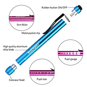 Pen Light, RISEMART Reusable LED Medical Penlight for Nurse Students Doctors with Pupil Gauge, Extra Warm Light Bulb, Pocket Clip and Batteries Included