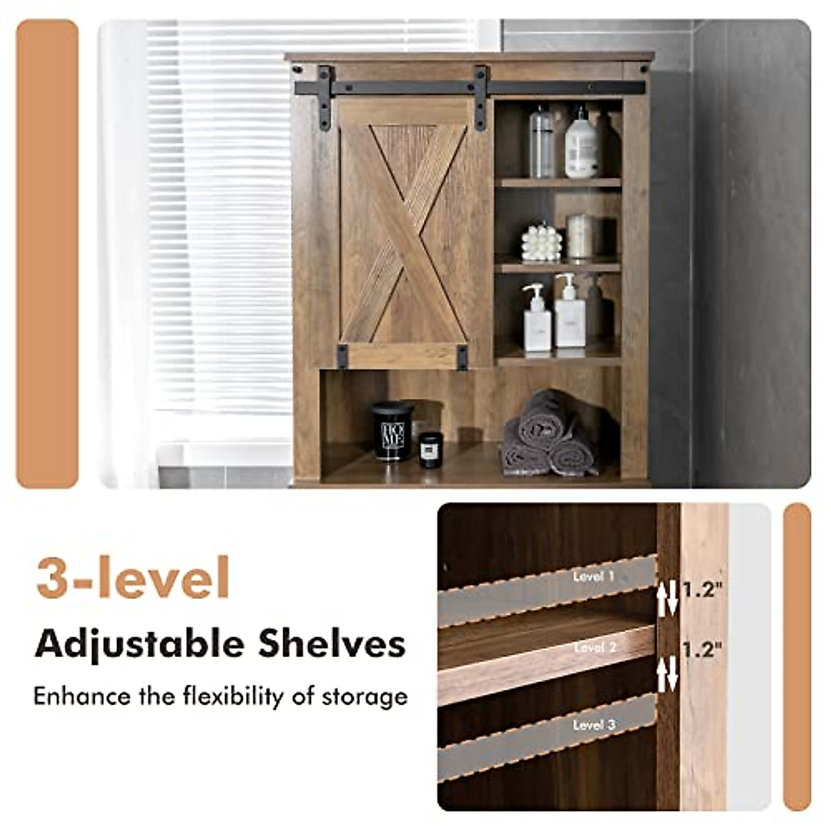 Giantex Over The Toilet Storage Cabinet - Freestanding Toilet Rack with Sliding Barn Door, 3-Level Adjustable Shelves, Anti-Toppling Devices, Non-Slip Foot Pads, Bathroom Toilet Shelf, Rustic Brown