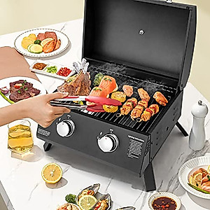 Giantex Portable Gas Grill, 2 Burners Max. 20,000 BTUs total, Tabletop Propane Grill with Built-in Thermometer, Folding Legs, Grease Collector, Camping Gas Grill for Out Cooking Picnic RV BBQ, Black