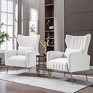 Hyfirm Accent Chairs for Living Room Set of 2, Mid Century Modern Chairs Upholstered Velvet Wingback Arm Chairs, Comfy Leisure Chairs with Lumbar Pillow for Bedroom Office Club, 2PCS, Cream