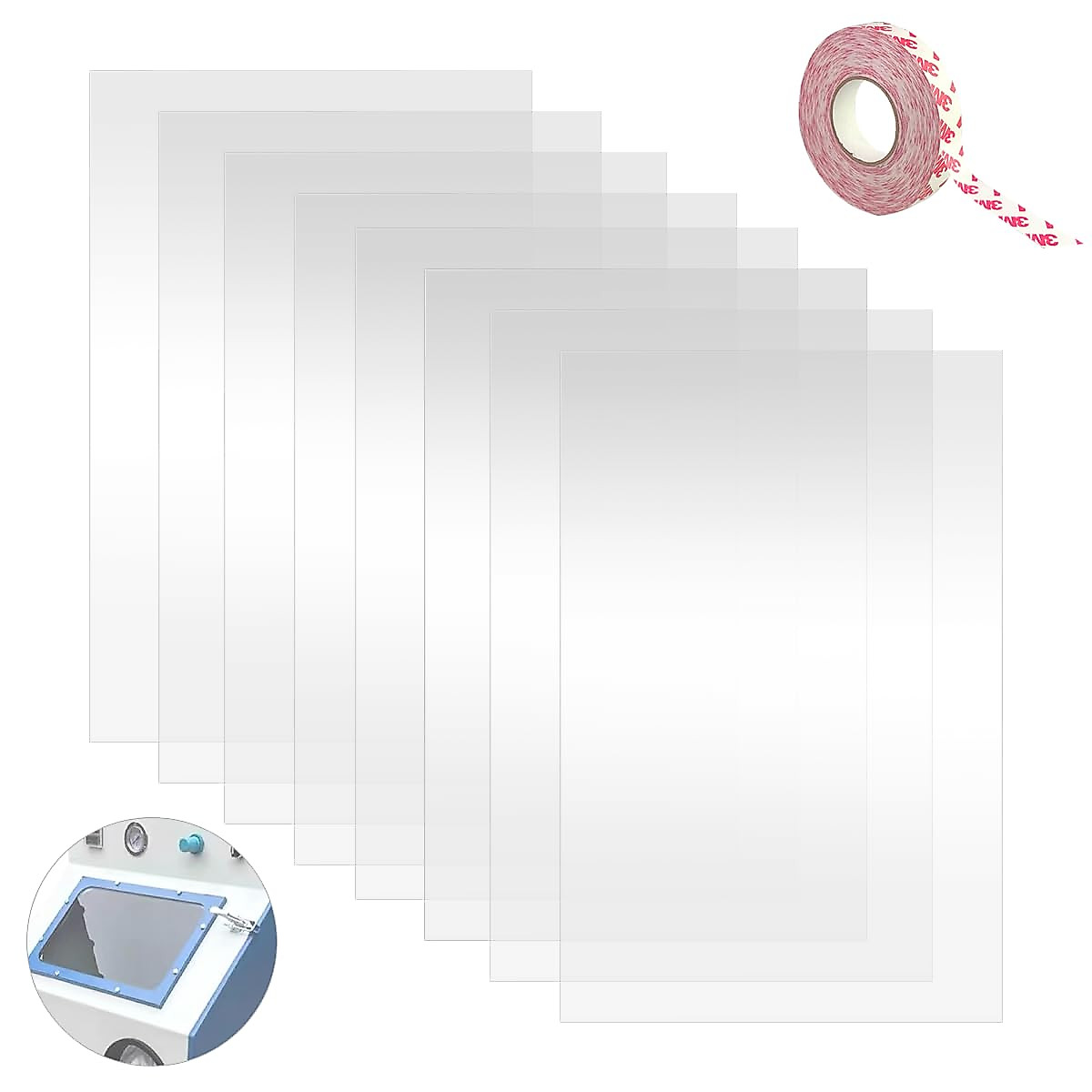 Esamploe 8 Pcs Abrasive Blasting Cabinet Lens Cover,23 x 11 Inch Protective Film for Sandblast Cabinet Inner Lens,Replaceable Sandblasted Lens Protection Film with Double Sided Adhesive Rolls