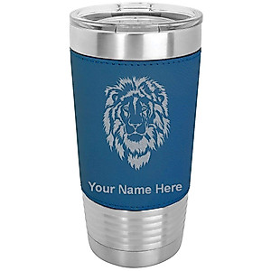 LaserGram 20oz Vacuum Insulated Tumbler Mug, Lion Head, Personalized Engraving Included (Faux Leather, Blue)