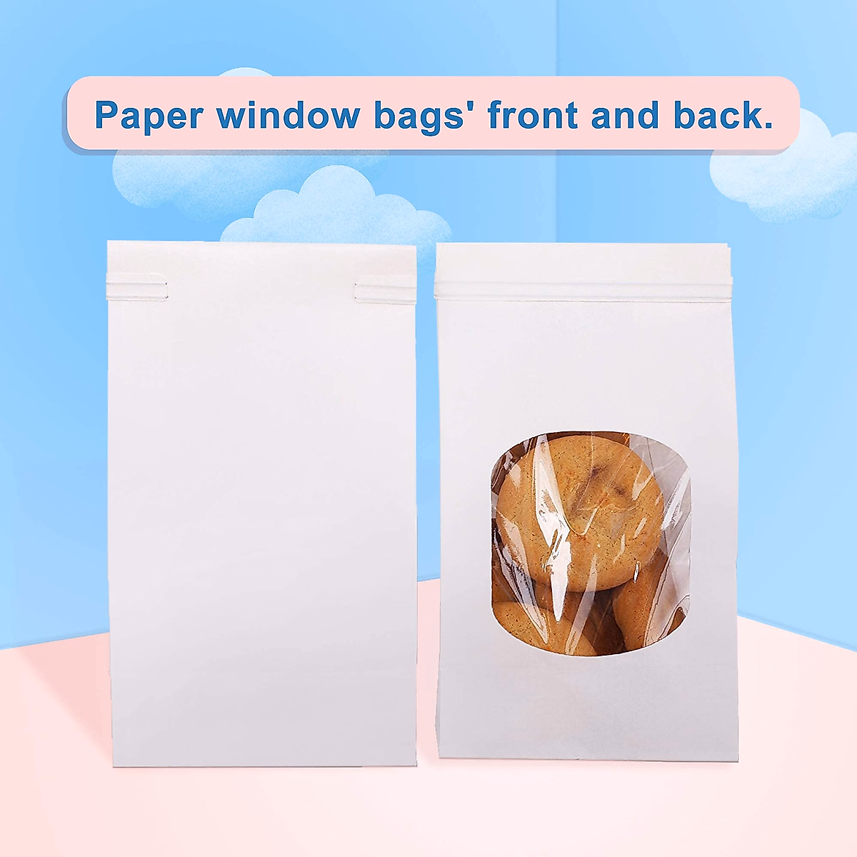 BagDream Bakery Bags with Window Kraft Paper Bags 100Pcs 3.54x2.36x6.7 Inches Tin Tie Tab Lock Bags White Window Bags Coffee Bags Cookie Bags Treat Bags Popcorn Bags
