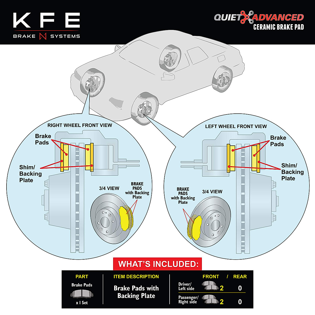KFE KFE1653-104 Ultra Quiet Advanced Premium Ceramic Brake Pad FRONT Set Compatible With: 2013-2018 Ford Fusion; 2013-2018 Lincoln MKZ