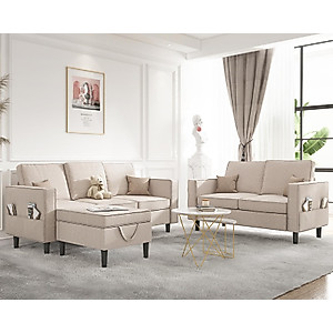 Mjkone 3 Pcs Sectional Sofa Couch Set with Solid Wooden Legs, Modern Couch Sets with Storage Ottoman, Sofa and Loveseat Set with 8 Side Pockets, Living Room Furniture Set for Living Room (Beige)