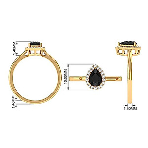 Certified Black Spinel Diamond Halo Engagement Ring, AAA Quality, Black Spinel 5X7mm Pear Shape Ring - Ready To Gift, 14K Yellow Gold, Size:US 7.50