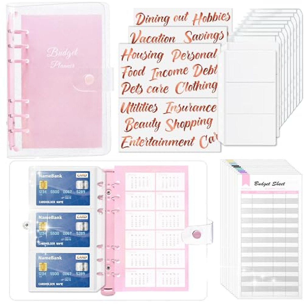 Budget Binder with Zipper Envelopes, [Jelly Glitter Collection] Money Organizer with Large Rose Gold Stickers, Calendar Cover, 6pcs Card Slots & 24pcs Expense Sheets, Gift Box Packaging, Saving Binder