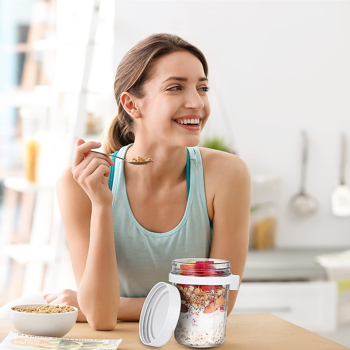 8 Pcs 10 oz Overnight Oats Containers with Lids and Spoons Large Capacity Airtight Oatmeal Overnight Oat Jars with Measurement Marks Oatmeal Container for Milk Cereal Fruit (White)