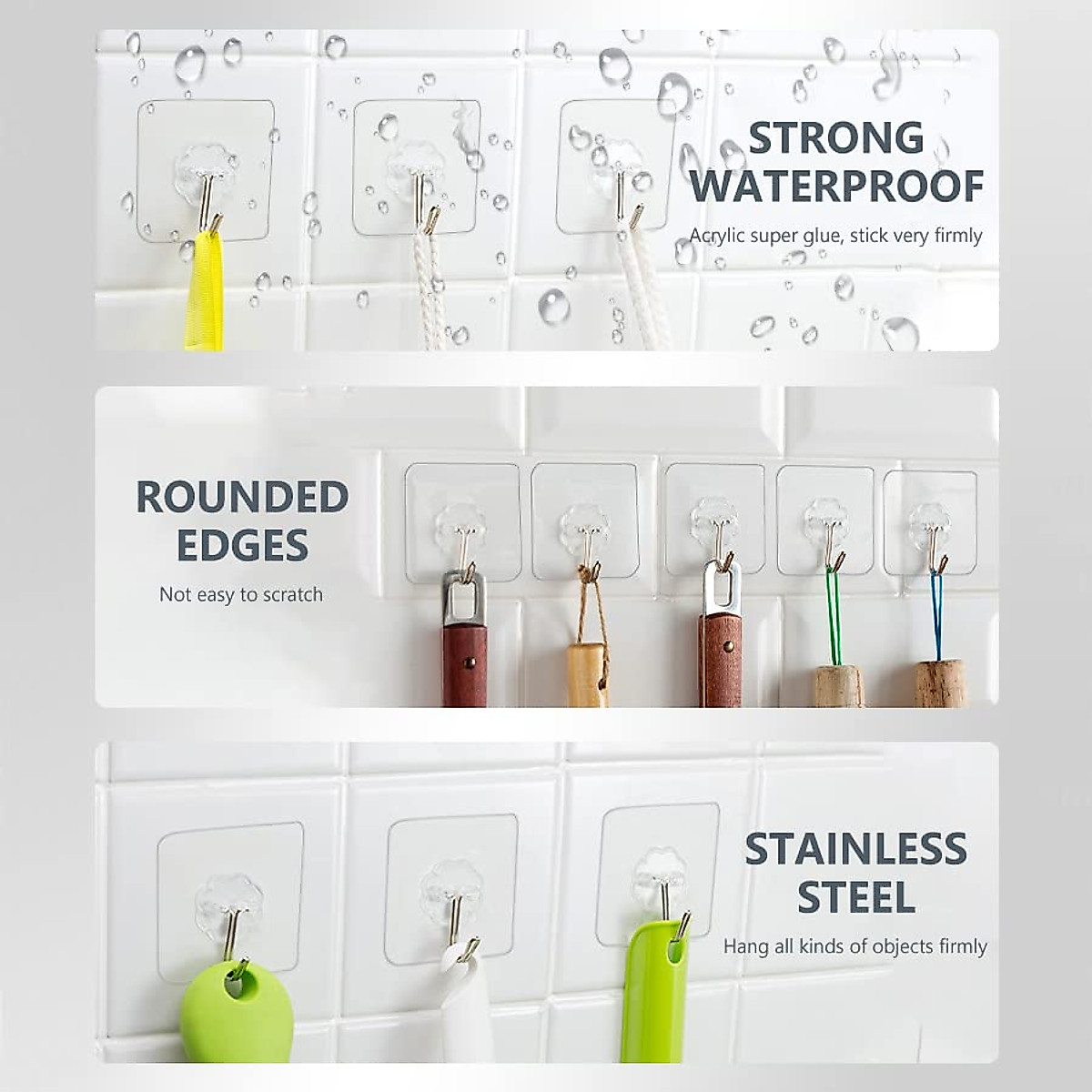 30 Pack Adhesive Hooks for Hanging Heavy Duty Wall Hooks 13 lbs, Waterproof and Rustproof Transparent Reusable Seamless Hooks for Home Kitchen, Bathroom, Office