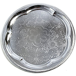 Maro Megastore (Pack of 4) 13.8-Inch Elegant Round Floral Pattern Engraved Catering Chrome Plated Serving Plate Mirror Tray Platter Tableware Holiday Wedding Birthday Party Deco Art (Medium) T226-4pk
